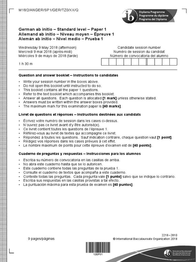German Ab Initio Paper 1 Question Booklet SL | PDF