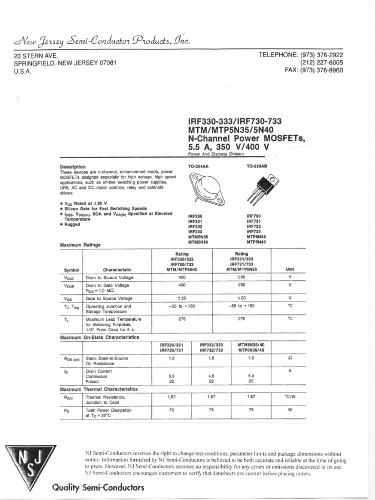 Irf330-333/Irf730-733 Mtm/Mtp5N35/5N40 N-Channel Power Mosfets, 5.5 A ...