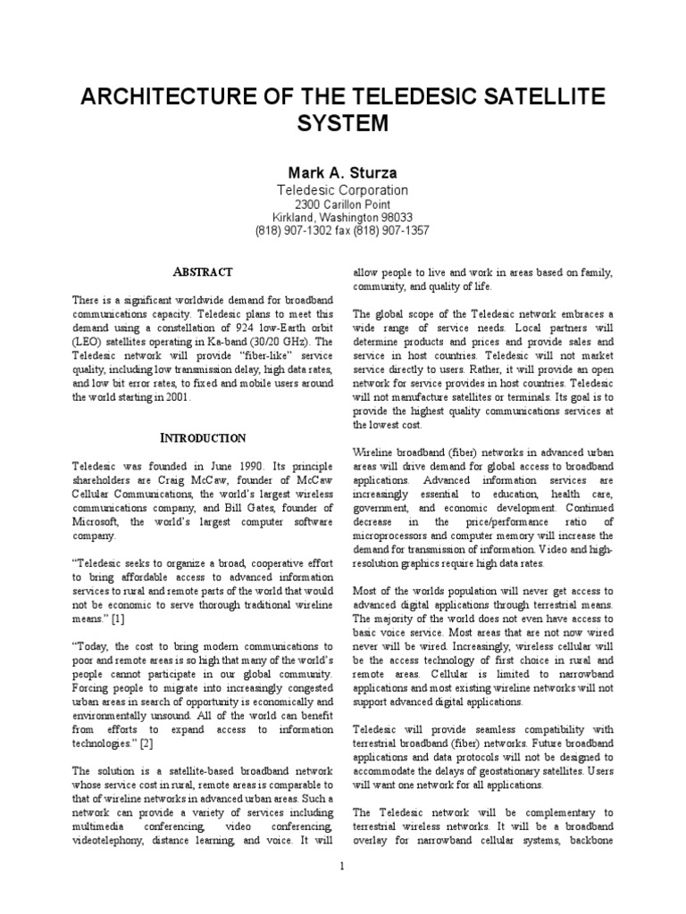 Architecture of The Teledesic Satellite System: Mark A. Sturza | PDF ...