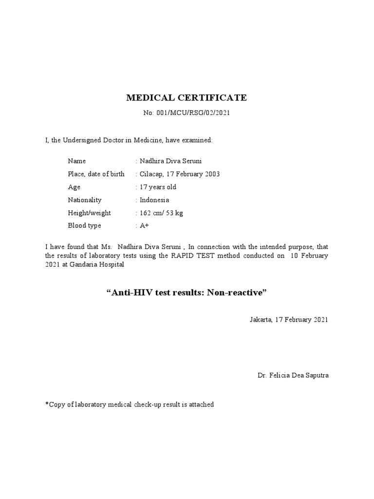 Medical Certificate: (Stamp Rumah Saklt/Klinik) Wajib (TTD Dan Stamp ...