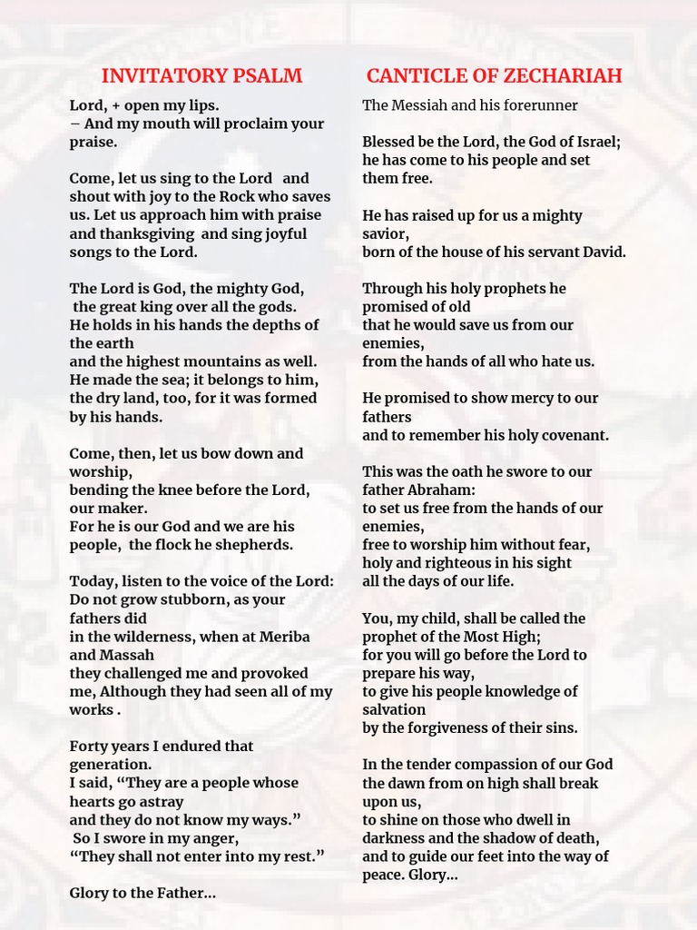 Invitatory Psalm Canticle of Zechariah: The Messiah and His Forerunner ...
