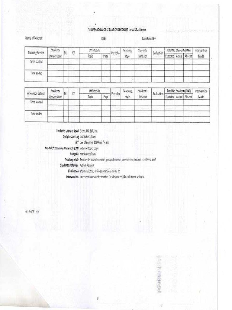Field or Shadow Observation Checklist For Als Facilitator | PDF