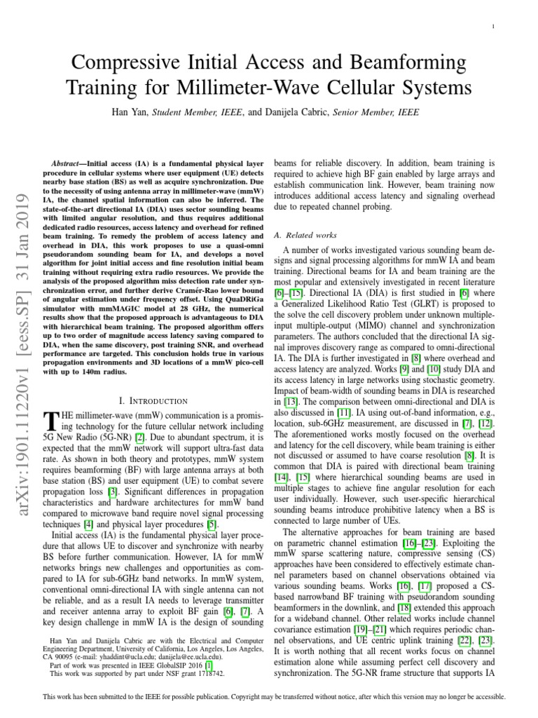 Compressive Initial Access And Beamforming Training For Millimeter Wave Cellular Systems Han