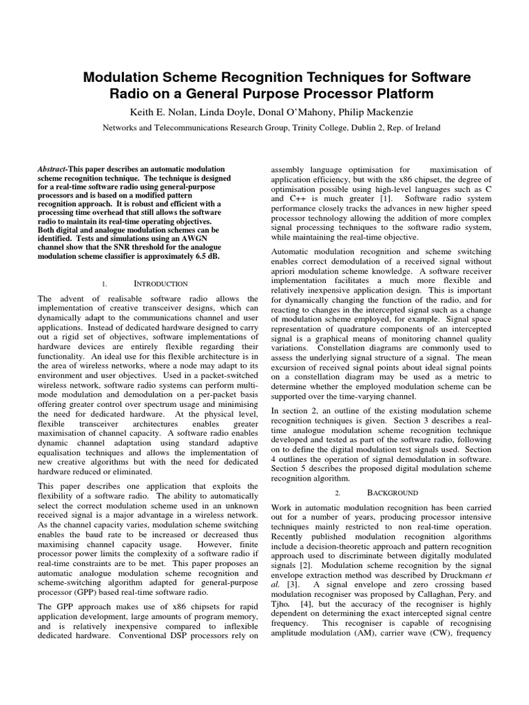 Modulation Scheme Recognition Techniques For Software Radio On A General Purpose Processor ...