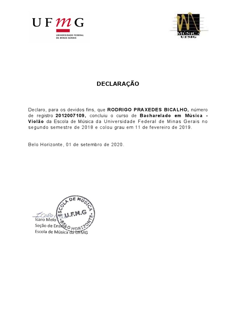 Declaração de Conclusão de Curso de Música | PDF