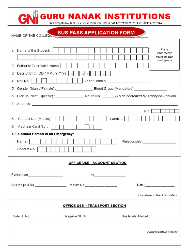 Nanak Institutions: Bus Pass Application Form | PDF | Business | Transport
