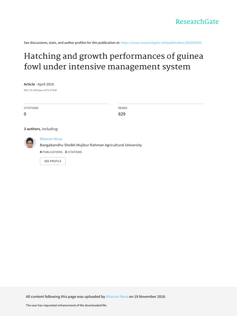 Hatching and Growth Performances of Guinea Fowl Under Intensive ...