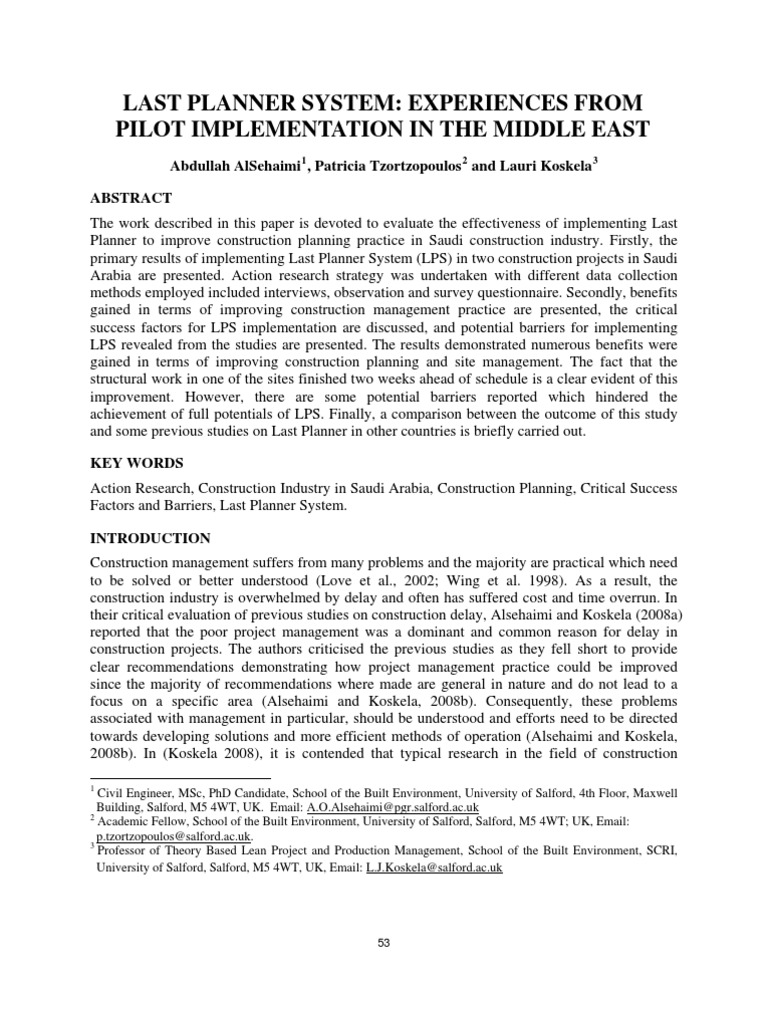 Last Planner System: Experiences From Pilot Implementation in The ...