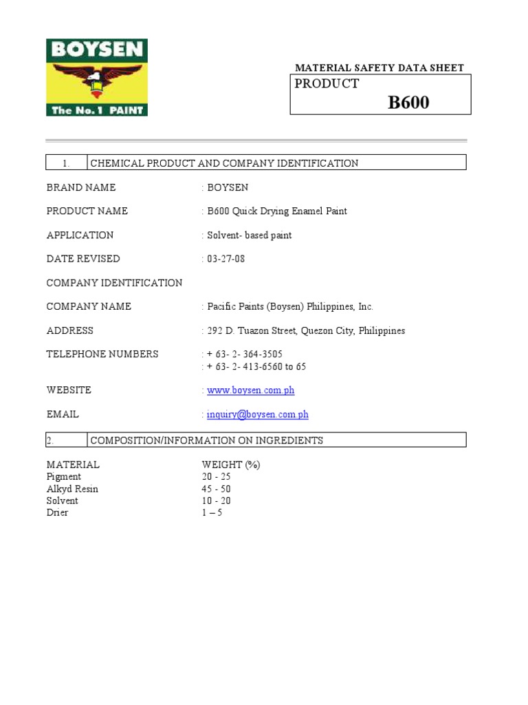 Safety Data Sheet for B600 Quick Drying Enamel Paint | PDF | Toxicity ...