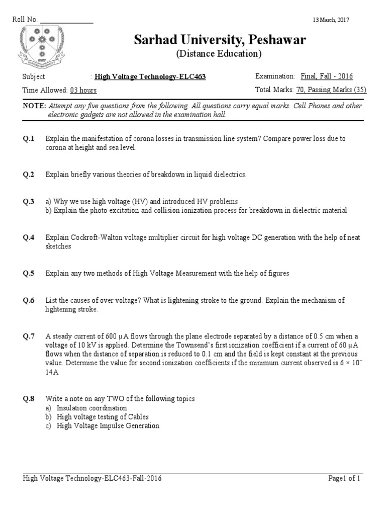 Https - WWW - Suit.edu - PK Uploads Past - Papers High - Voltage - Technology ELC463 | PDF