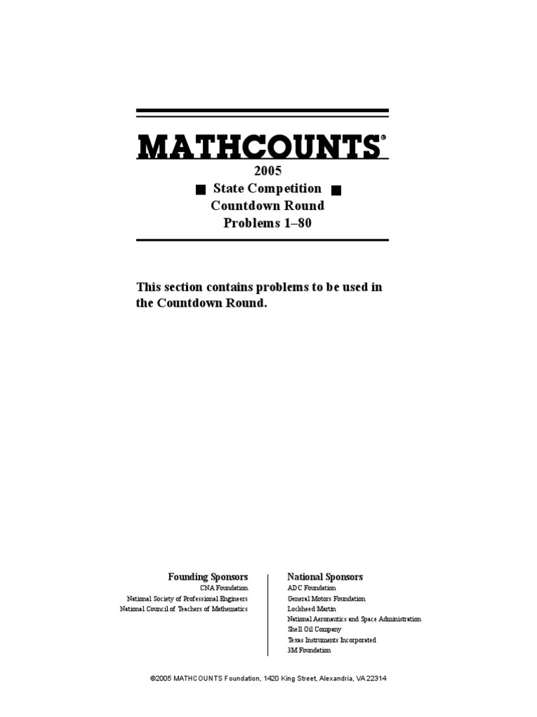 Mathcounts: 2005 State Competition Countdown Round Problems 1-80 | PDF ...