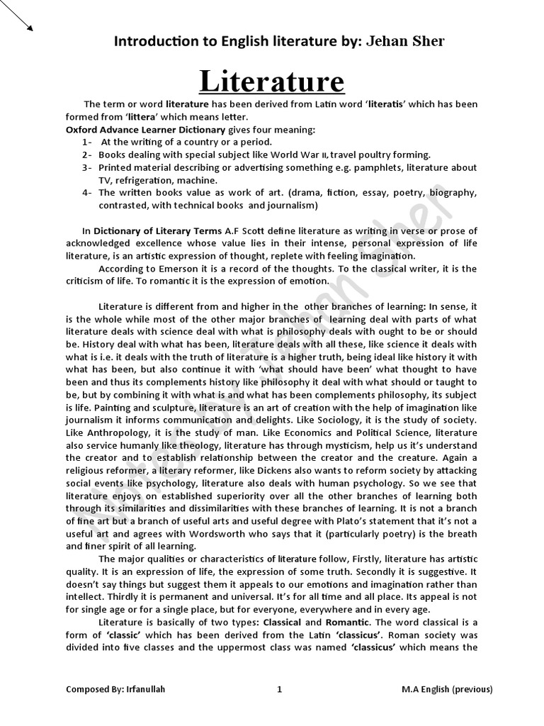 Literature: Introduction To English Literature By: Jehan Sher | PDF ...