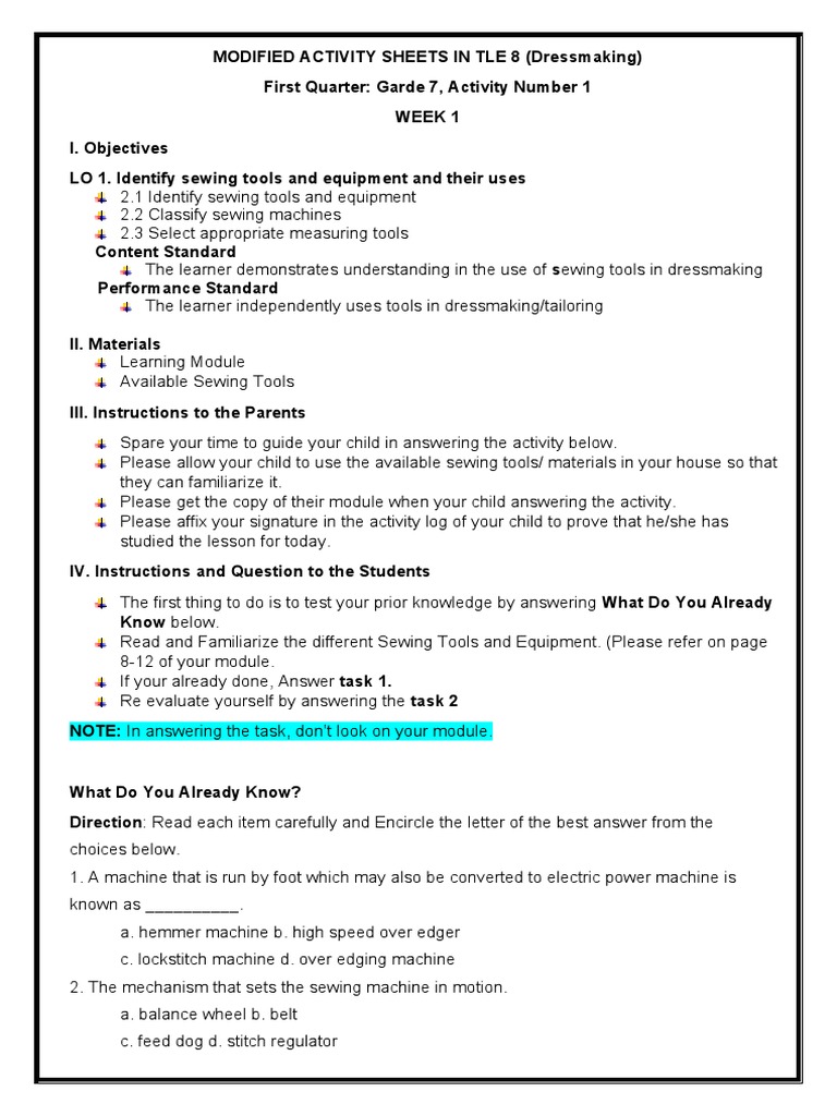 Modified Activity Sheets in Tle 7 Dressmaking | PDF | Scissors | Sewing