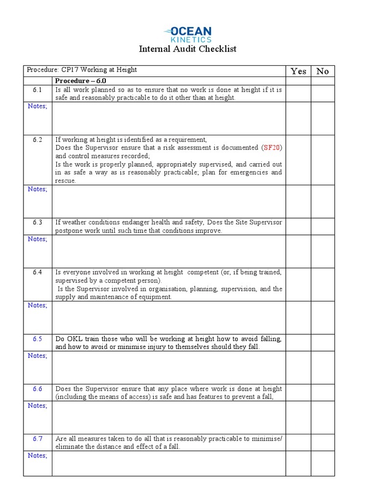 Working at Height Internal Audit Checklist | PDF | Safety ...