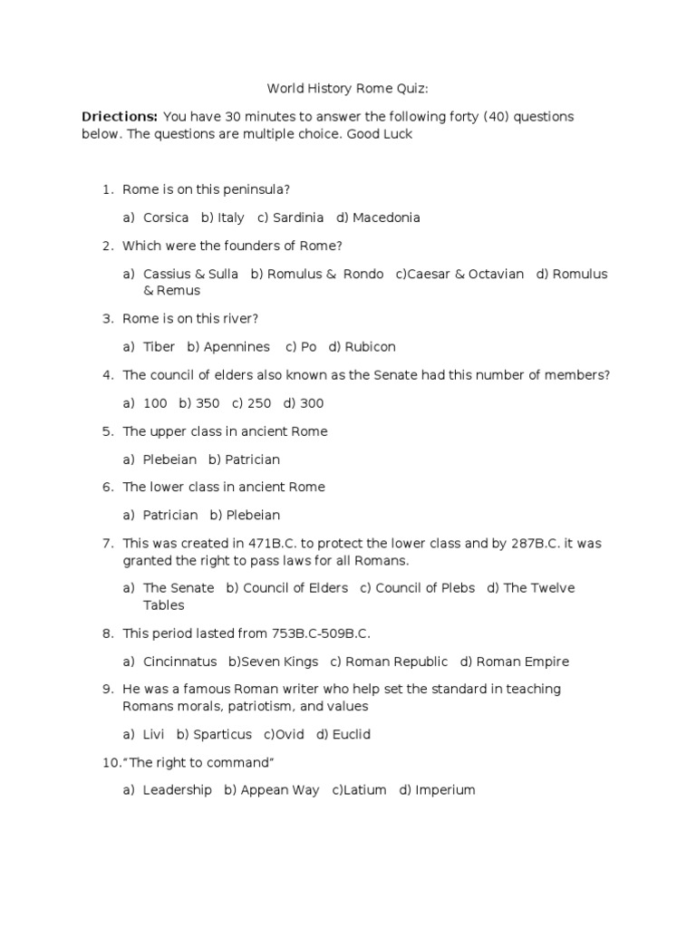Quiz Ancient Rome The Roman Empire: In The First Century. Special