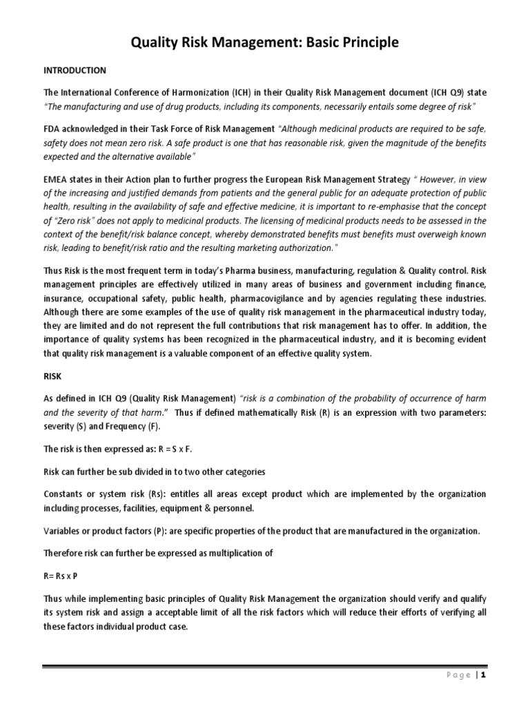Quality Risk Management Basic Principle | PDF | Risk Management | Risk ...