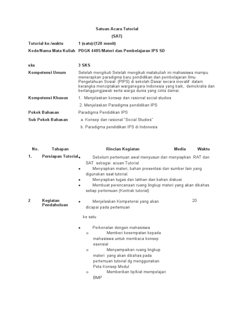 Satuan Acara Tutorial PDGK 4405 Materi Dan Pembelajaran IPS SD | PDF