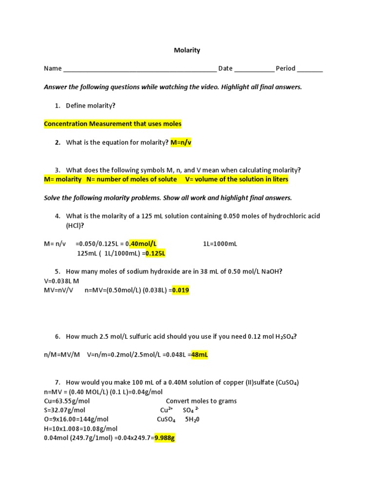 Molarity Worksheet