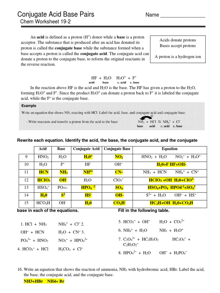 Conjugate Acid Base Pairs: Name - Chem Worksheet 19-2 | PDF | Acid ...