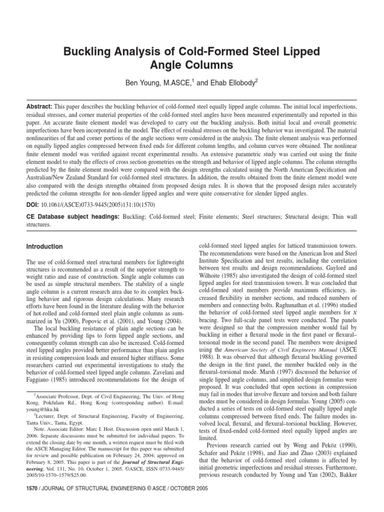 Buckling Analysis of Cold-Formed Steel Lipped Angle Columns: Ben Young ...