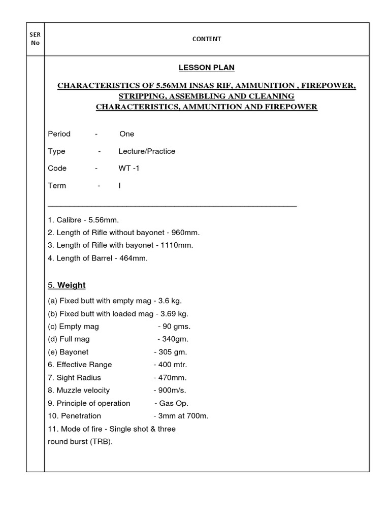 Characteristics of 5.56Mm Insas Rif, Ammunition, Firepower, Stripping ...