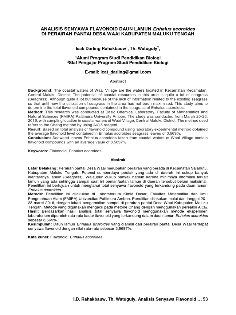 Analisis Senyawa Flavonoid Daun Lamun Enhalus Acoroides Di Perairan ...