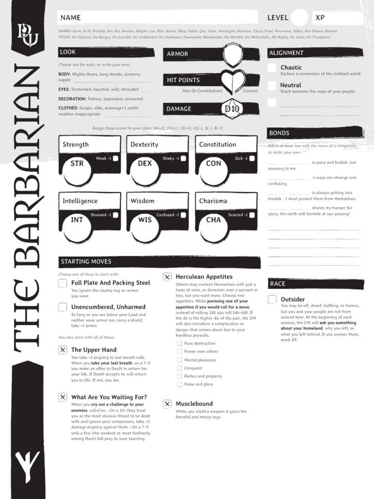 Dungeon World - Barbarian Character Sheet | PDF