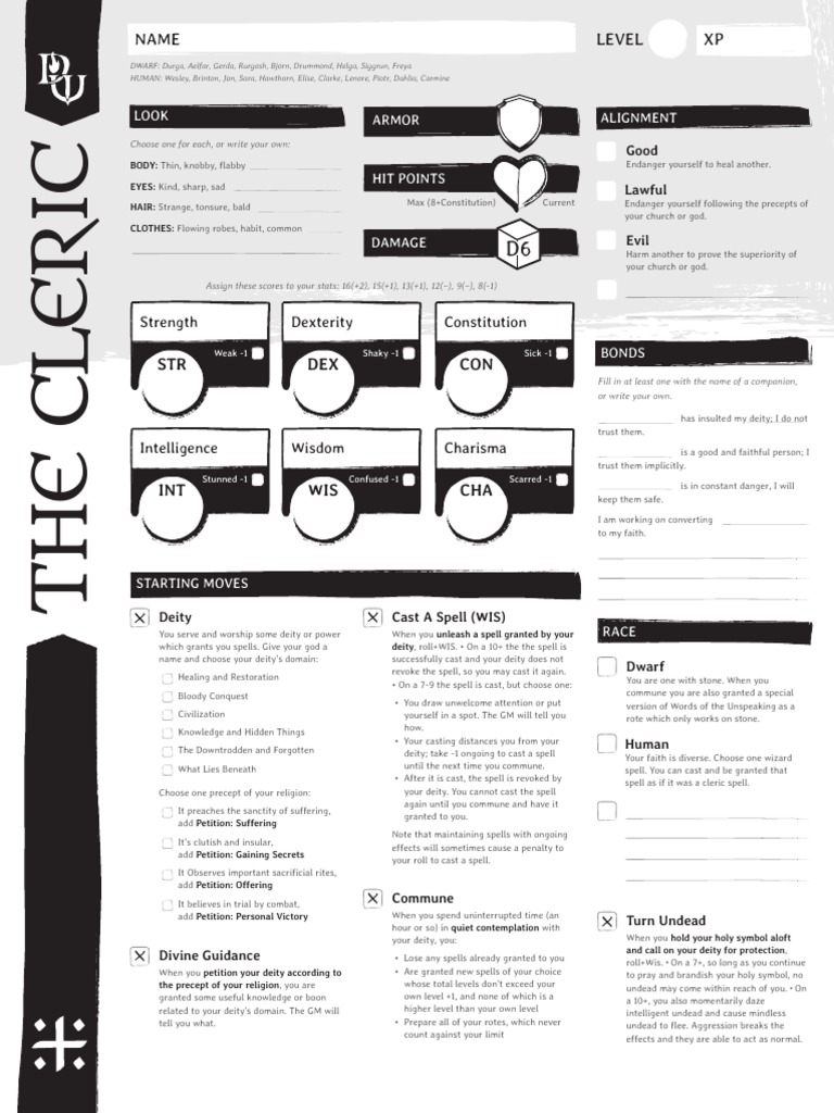 Dungeon World - Cleric Character Sheet | Religion And Belief