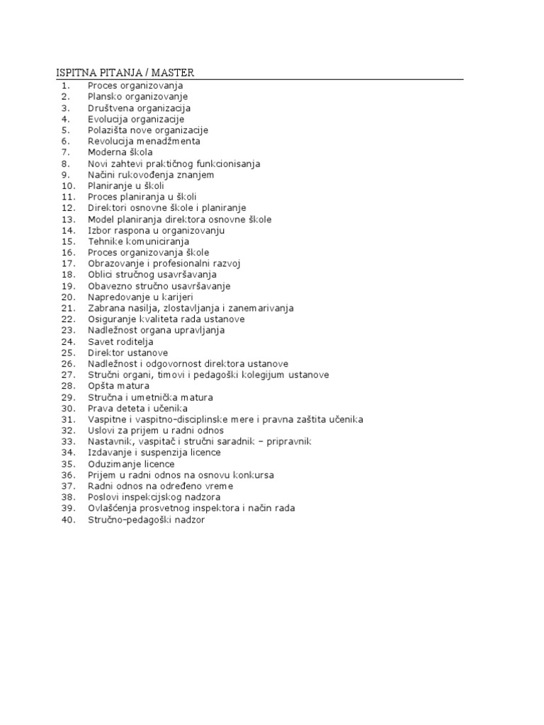 Organizacija Rada Škole Pitanja Master | PDF