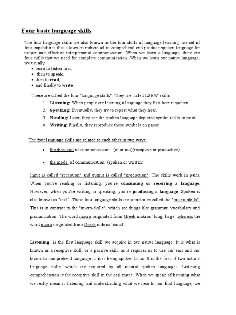 4 Basic Language Skills | PDF | Speech | Reading Comprehension