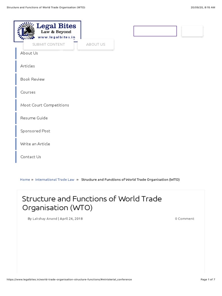 Structure And Functions Of World Trade Organisation WTO PDF World