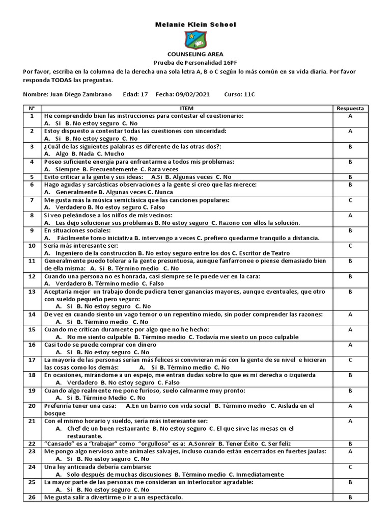 Prueba de Personalidad 16pf | PDF