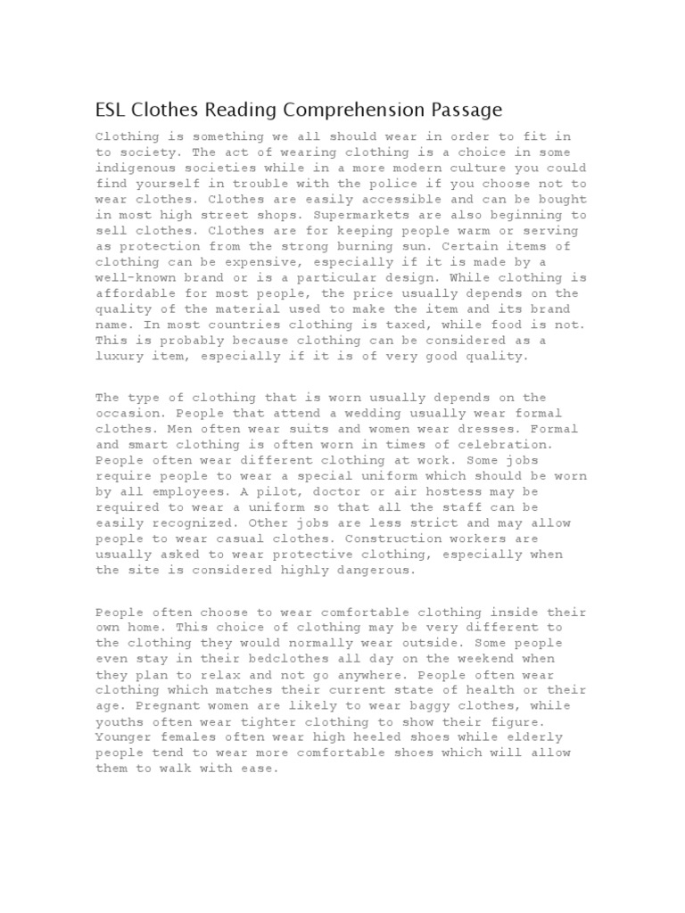 ESL Clothes Reading Comprehension Passage | PDF | Clothing | Human Body
