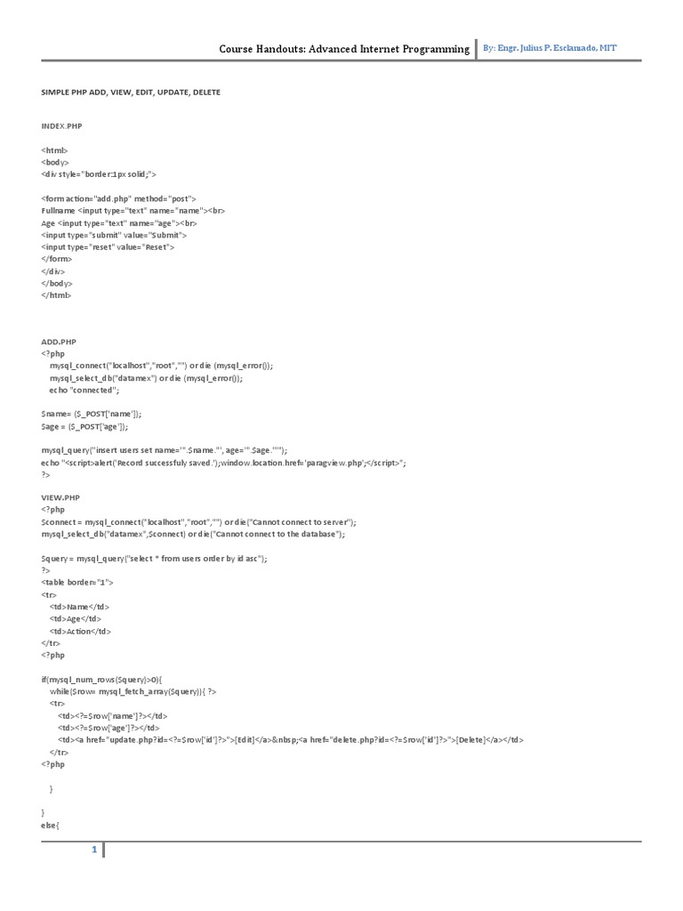 Course Handouts: Advanced Internet Programming: Simple PHP Add, View ...