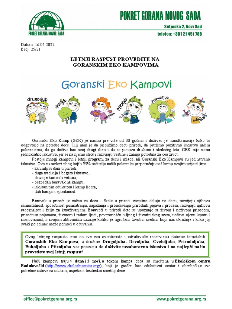 Goranski Eko Kampovi I Ovog Letnjeg Raspusta | PDF