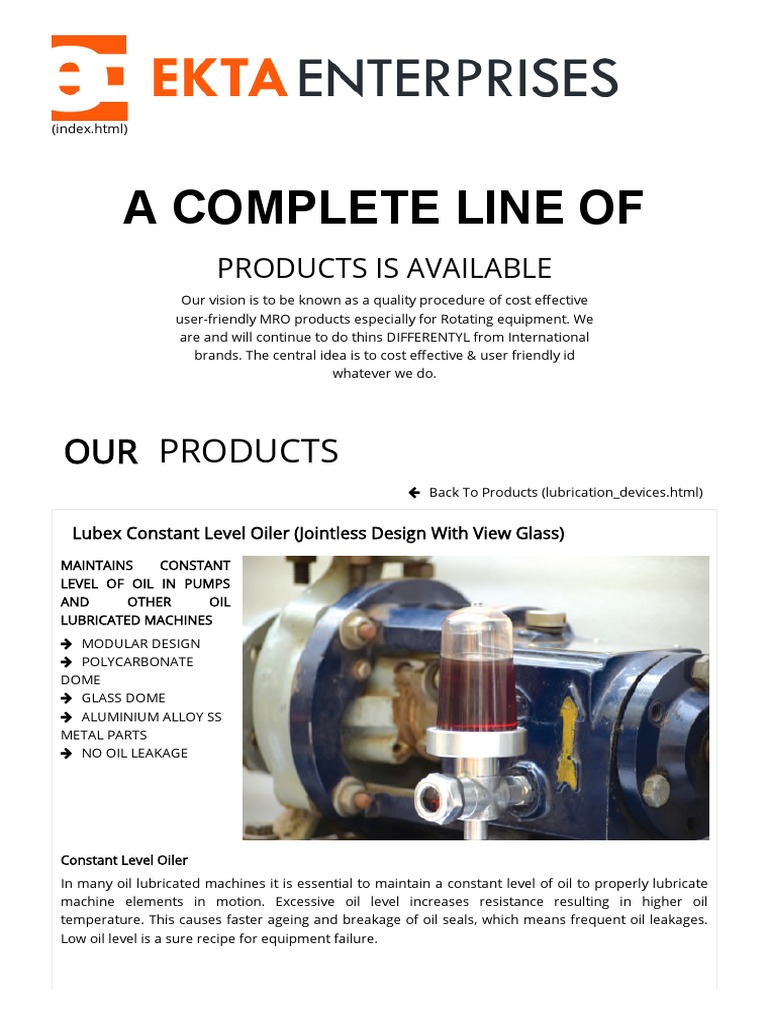 Ekta Lubex Constant Level Oiler | PDF | Bearing (Mechanical) | Pipe ...