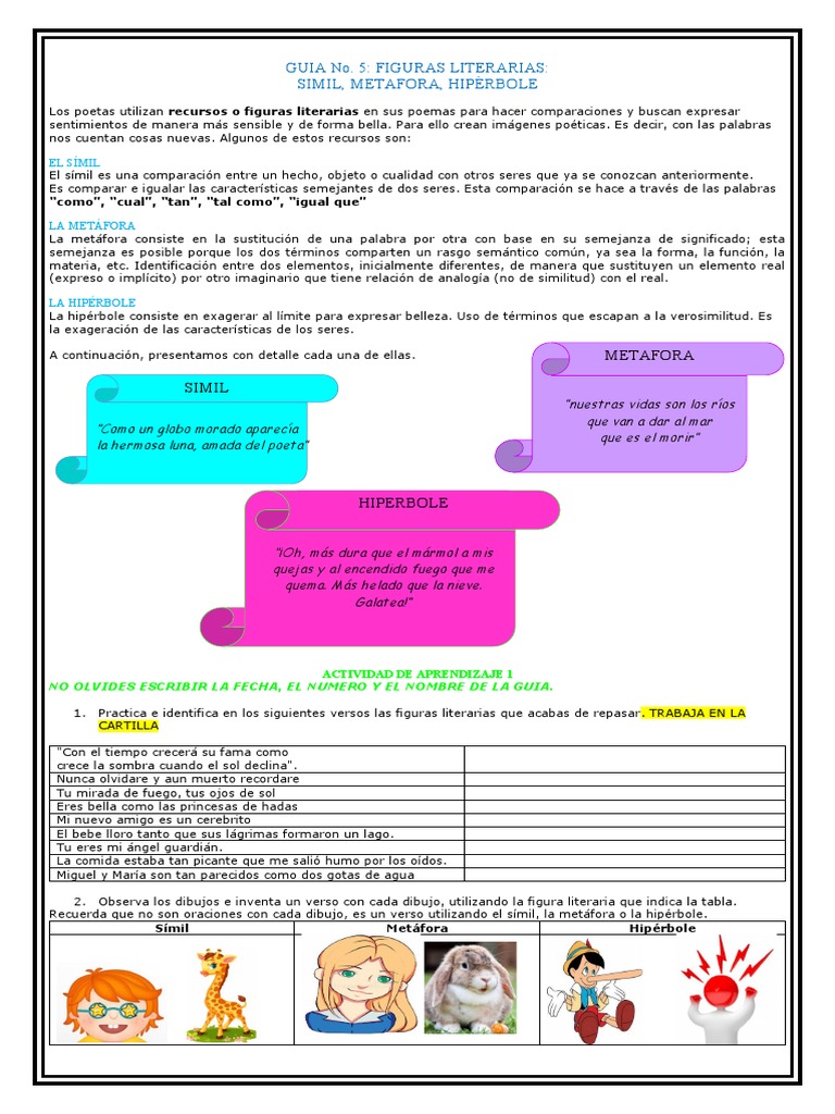 Guia 5 Figuras Literaras Simil, Metafora, Hiperbole | PDF | Metáfora