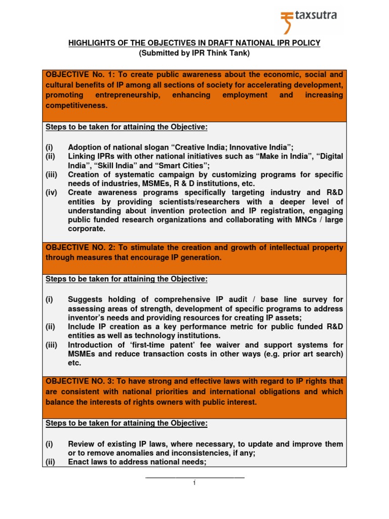 Highlights of The Objectives in Draft National IPR Policy - (Shared by ...
