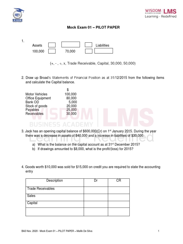 BA3 Mock Exam 01 - PILOT PAPER Nov 2020 | PDF | Debits And Credits ...