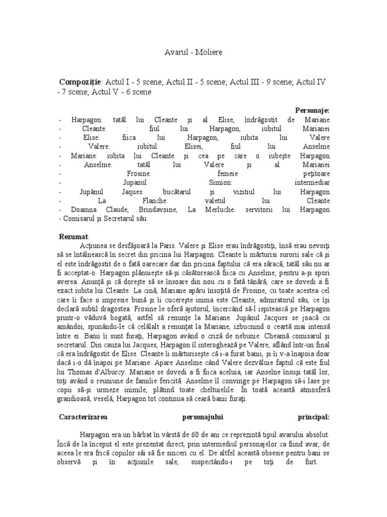 Avarul Fisa de Lectura | PDF