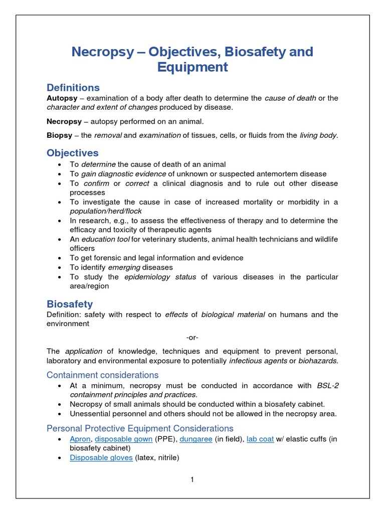 Necropsy - Objectives, Biosafety and Equipment | PDF | Personal ...