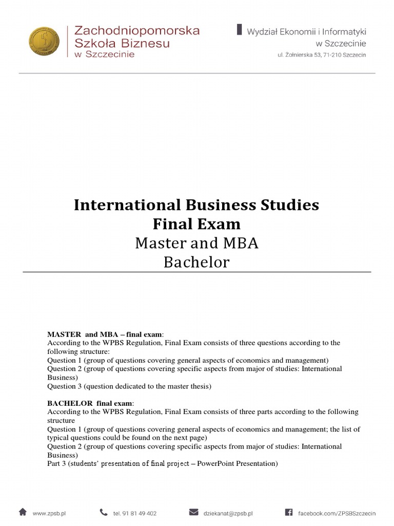 International Business Studies Final Exam: Master and MBA Bachelor ...