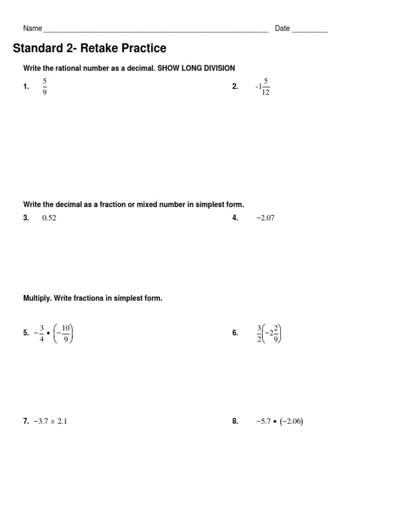Standard 2-Retake Practice: Write The Rational Number As A Decimal ...
