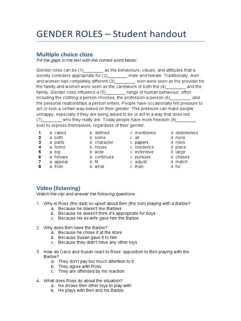 Gender Roles Worksheet for Students | PDF | Gender Role | Gender
