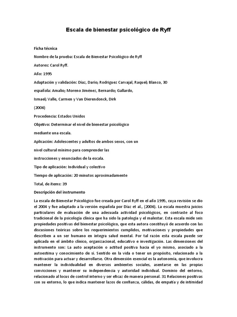 Escala de Bienestar Psicológico de Ryff | PDF | Bienestar | Autoestima