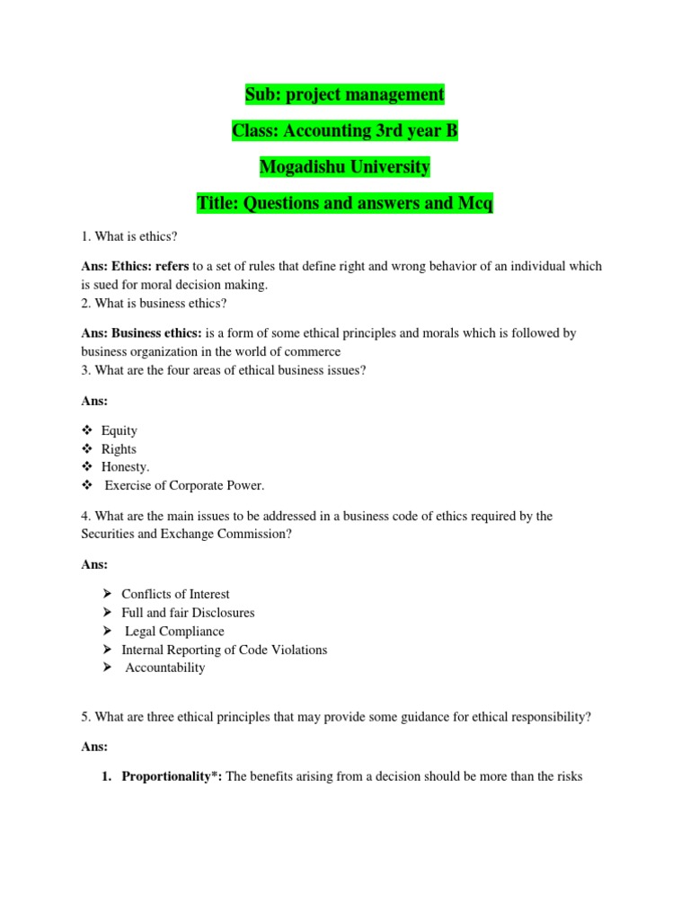 Project management questions and answers | PDF | Internal Control ...