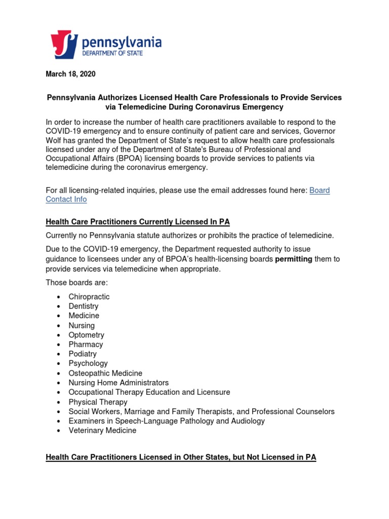 PA Telemedicine Authorization During COVID-19 | PDF | Physician ...