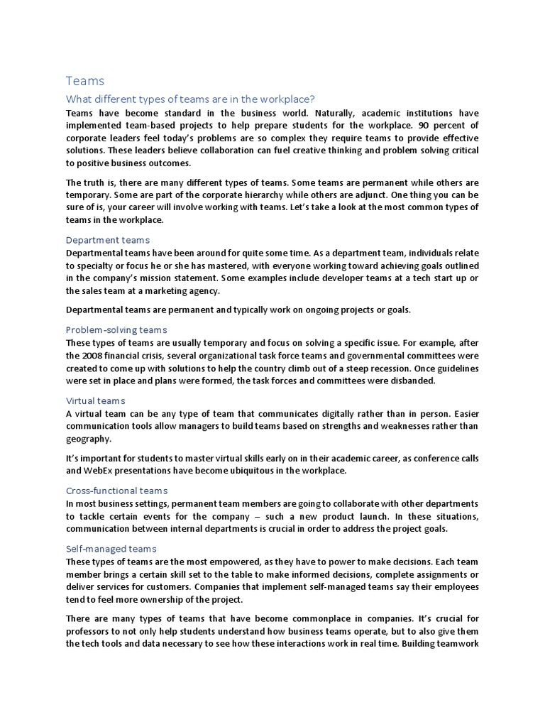 Types of Teams in the Workplace | PDF | Leadership | Applied Psychology