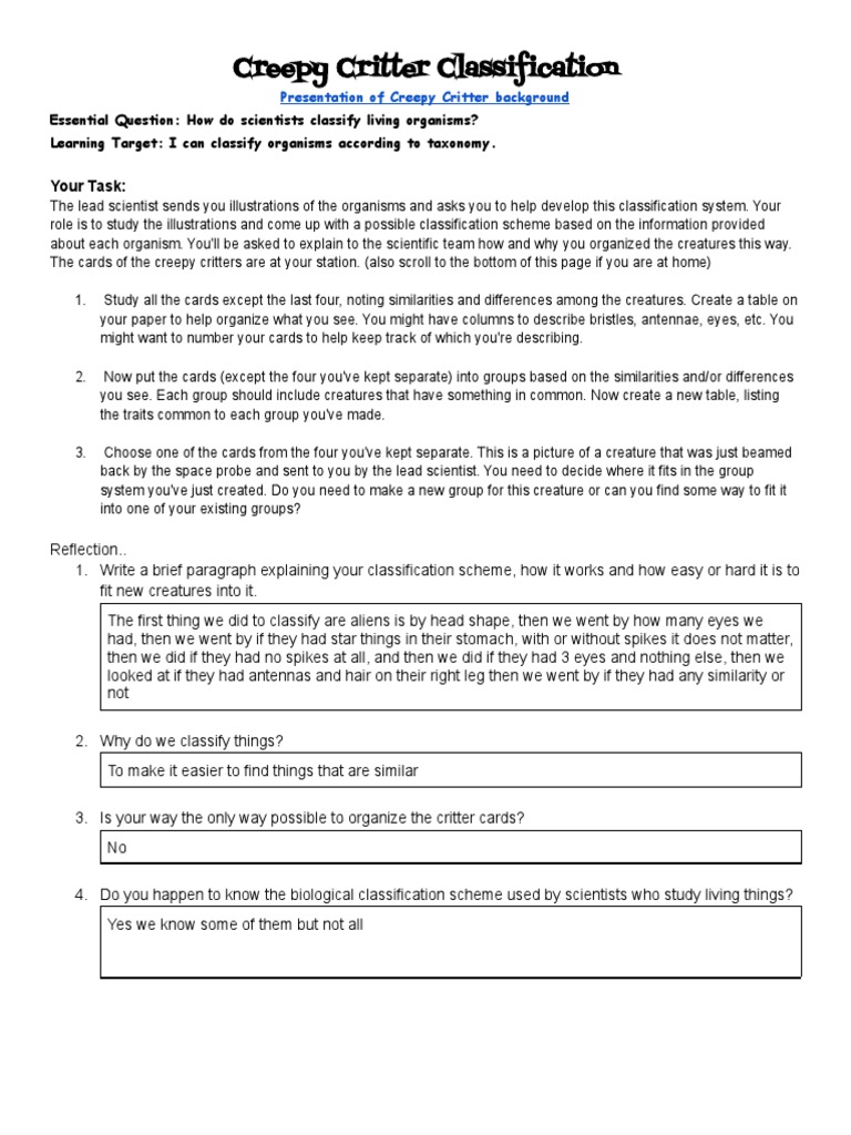 Creepy Critters Classification | PDF | Science | Science And Technology