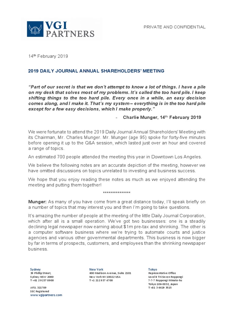 VGI Partners Daily Journal Meeting Notes February 2019 | PDF | American ...